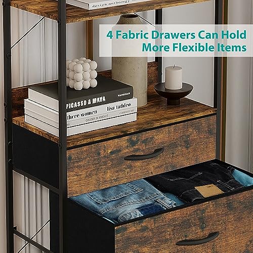VASICAR 4-Tier Tall Bookshelf with 4 Drawers, Multifunctional Open Bookcase, Storage Shelf Dresser for Living Room, Office, Bedroom, Kitchen, Free Drawer Divider (Rustic Brown)