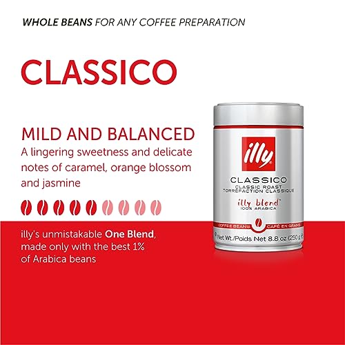 illy Whole Bean Coffee - Perfectly Roasted Whole Coffee Beans β Classico Medium Roast - with Notes of Caramel, Orange Blossom & Jasmine - 100% Arabica Coffee - No Preservatives β 8.8 Ounce