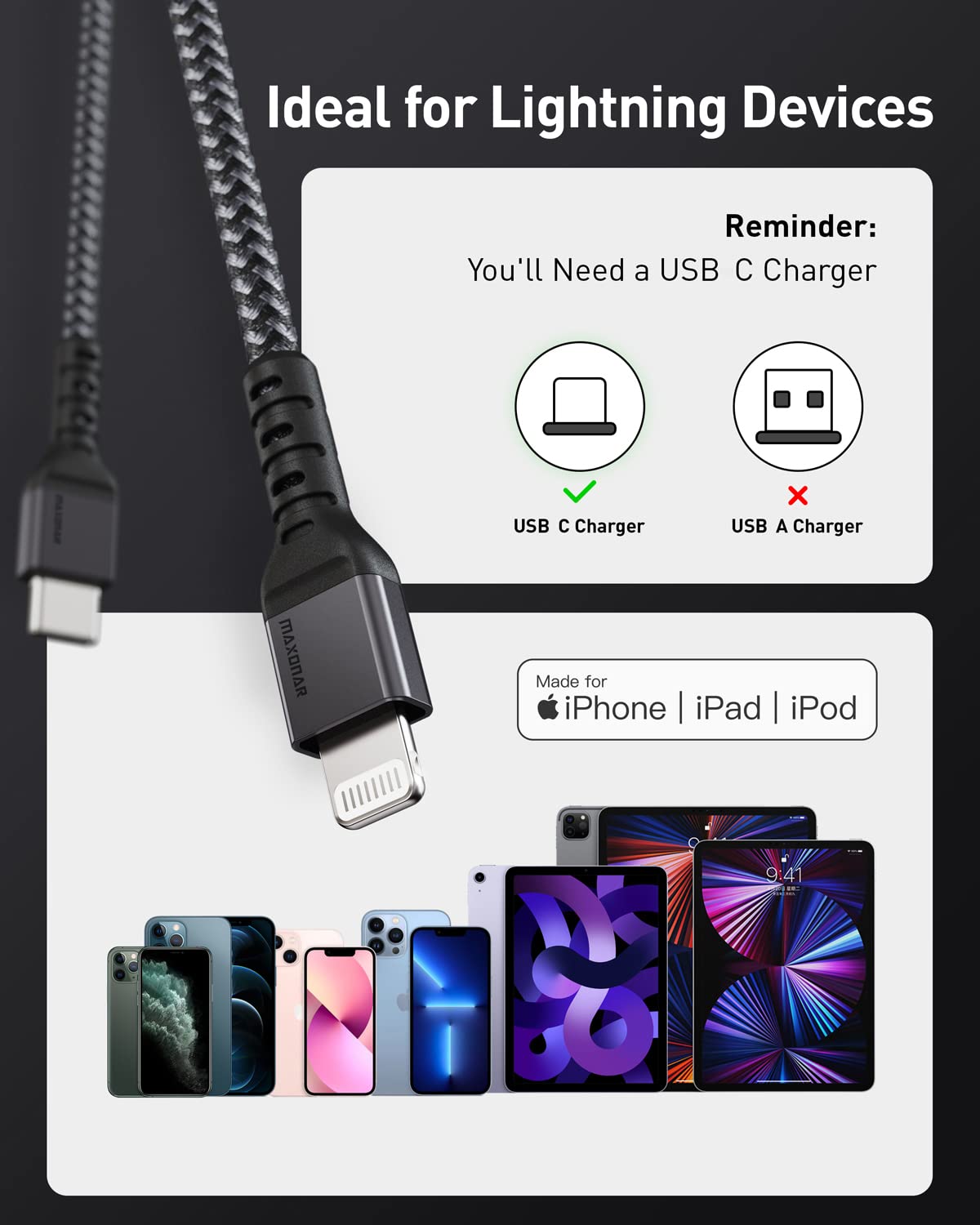Maxonar USB C to Lightning Cable 3FT, [Apple MFi Certified] iPhone Charger Fast Charging Braided Cord Compatible with iPhone 14 Pro Max 13 Pro Max 13 Mini 12 Pro Max 11 Pro Max X XS XR iPad 8 Airpods
