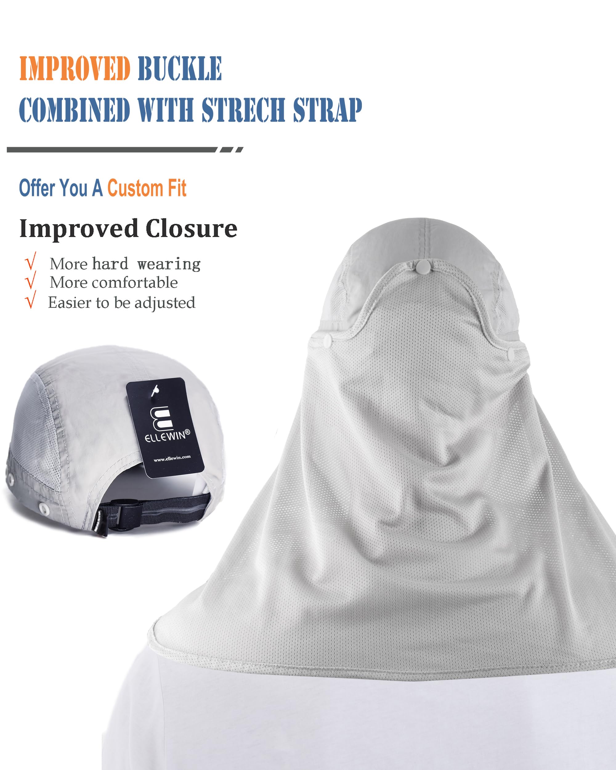 ELLEWIN Outdoor Sun Hat for Men Women UPF 50+ Fishing UV Hat with Neck Flap Face Cover for Sun Protection Light Grey