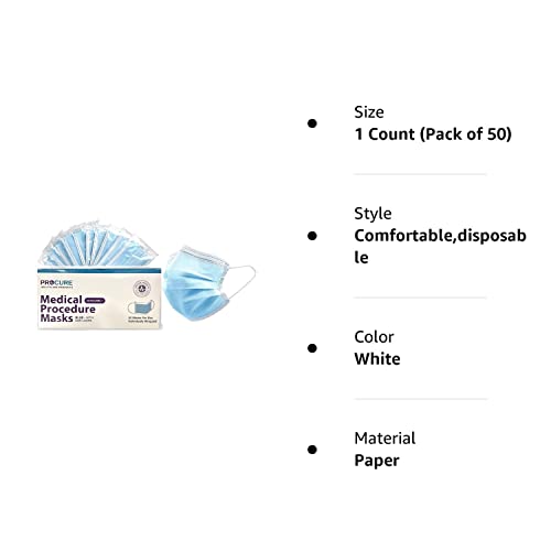ProCure Disposable 3 Ply Face Masks, 50 Count - Individually Wrapped - Comfortable Elastic Earloops - Glass Free Filter - Latex Free - Non Woven - Filters Dust, Pollen