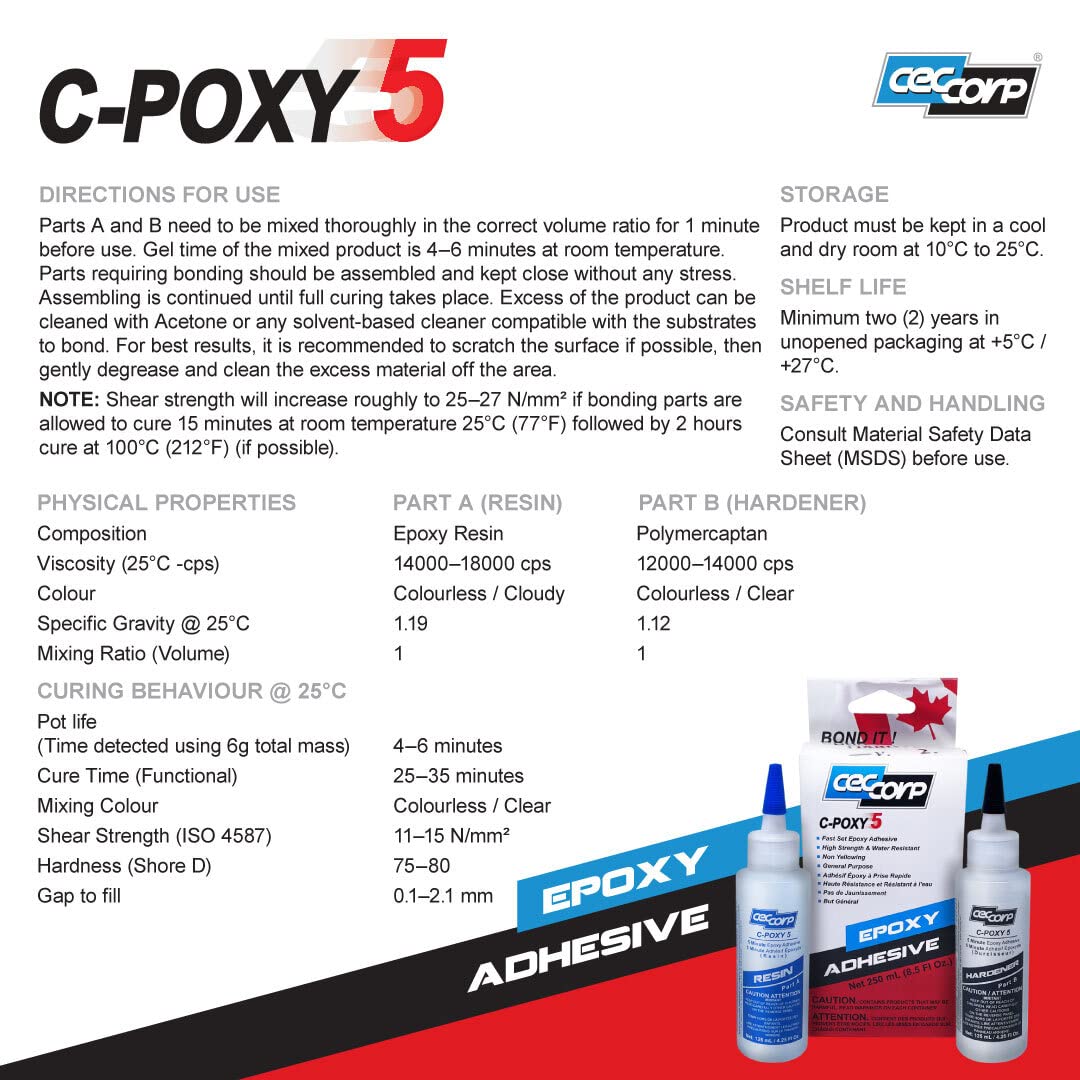Five Minute Epoxy Glue Adhesive C-POXY 5 by CECCORP (8.5 Oz Combined) – Fast Setting, Quick Cure, Clear Epoxy Glue, General Purpose, 5 Minute