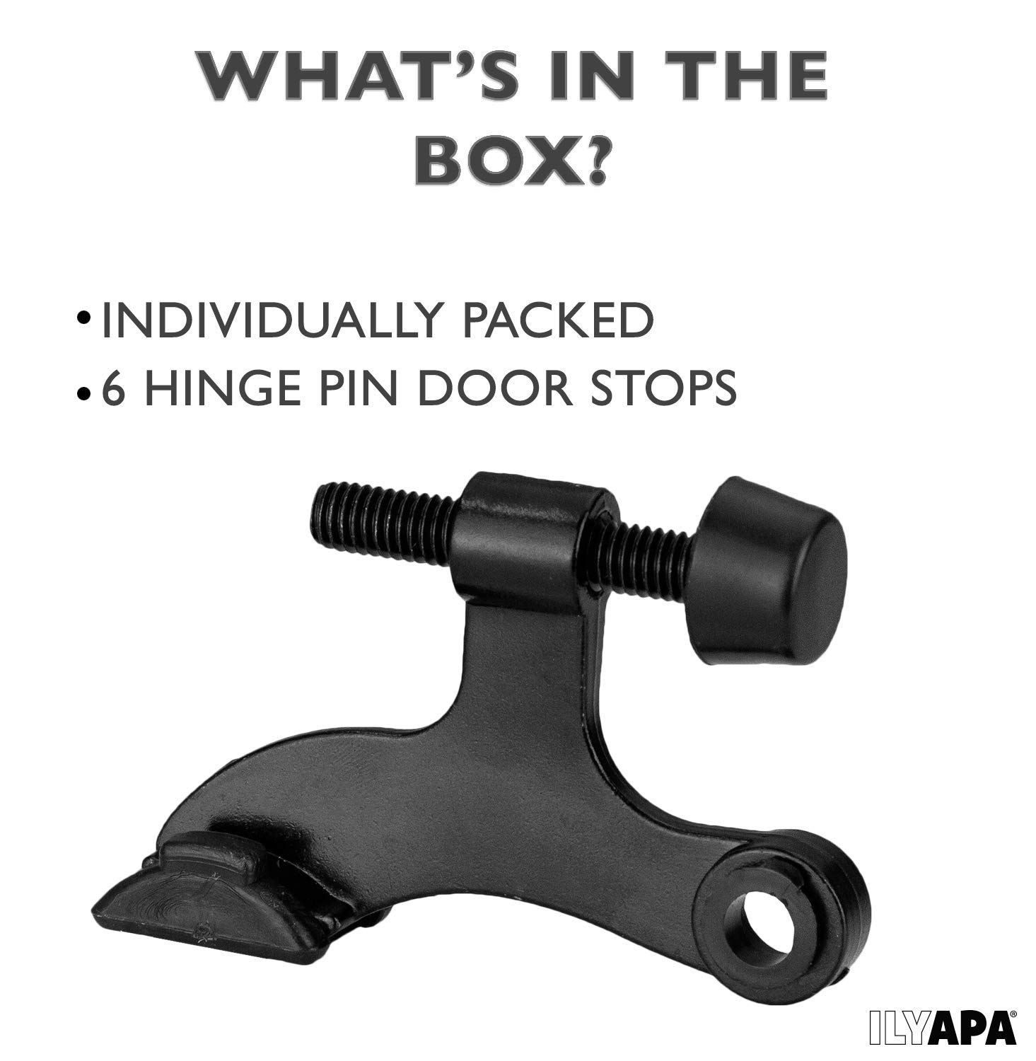 Ilyapa 6 Pack Matte Black Hinge Pin Door Stops - Heavy Duty Adjustable Stopper 2-1/2" x 1-3/4โ, Door Stopper Wall Protector with Black Rubber Bumper Tips, Hinge Door Stop, Hinge Pin Door Stop 6 Pack