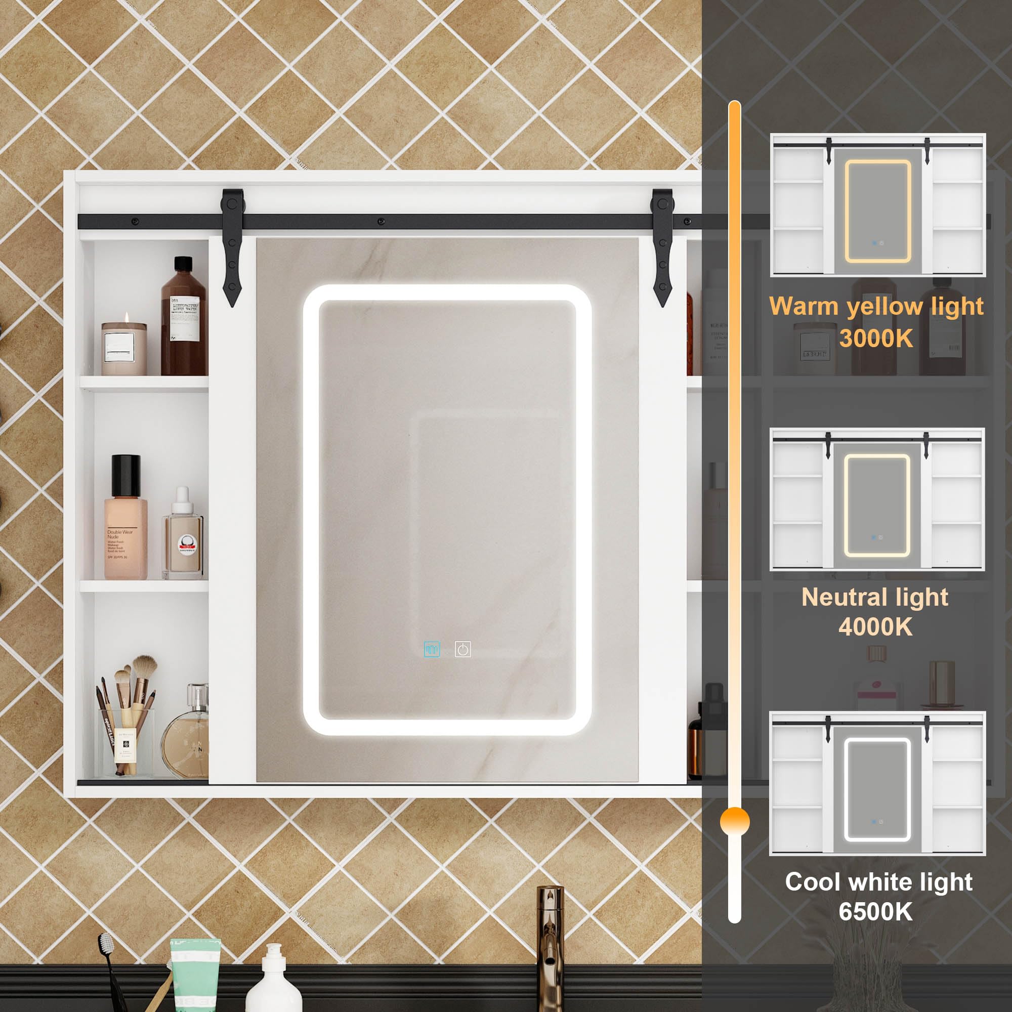 Lovinouse Medicine Cabinet for Bathroom with LED Mirror & Sliding Doors, Extra Large Wall Mounted Storage Cabinet w/ 9 Shelves & Anti-Fog Function, 47.2 X 31.5 Inch, White