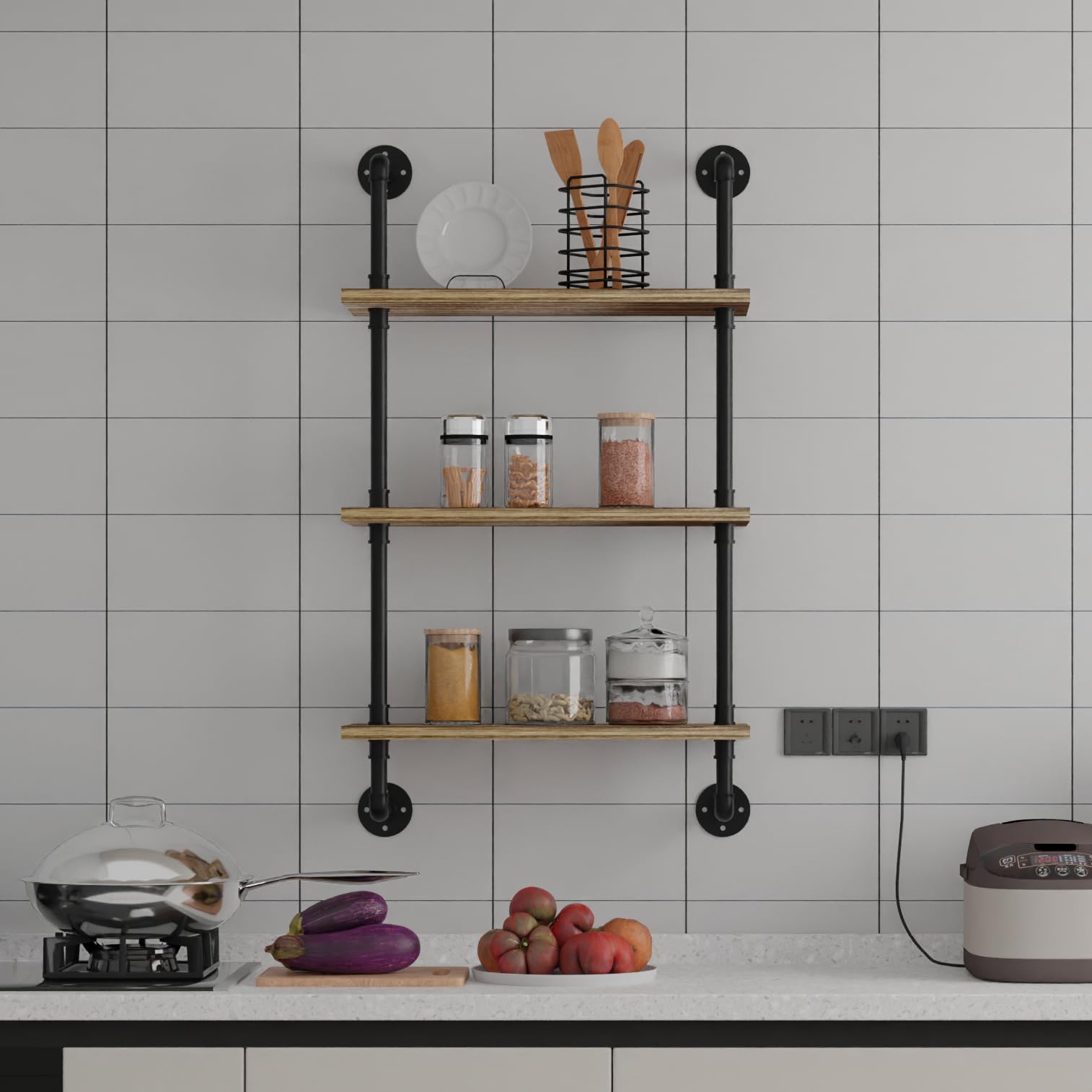 ONOTETUT 2 Tier Industrial Pipe Shelf,24 inch Industrial Wall Shelves,Rustic Wall Mounted Bookshelf,Floating Shelf with Pipe,Pipe Shelving for Bathroom,Living Room,Kitchen,Bedroom