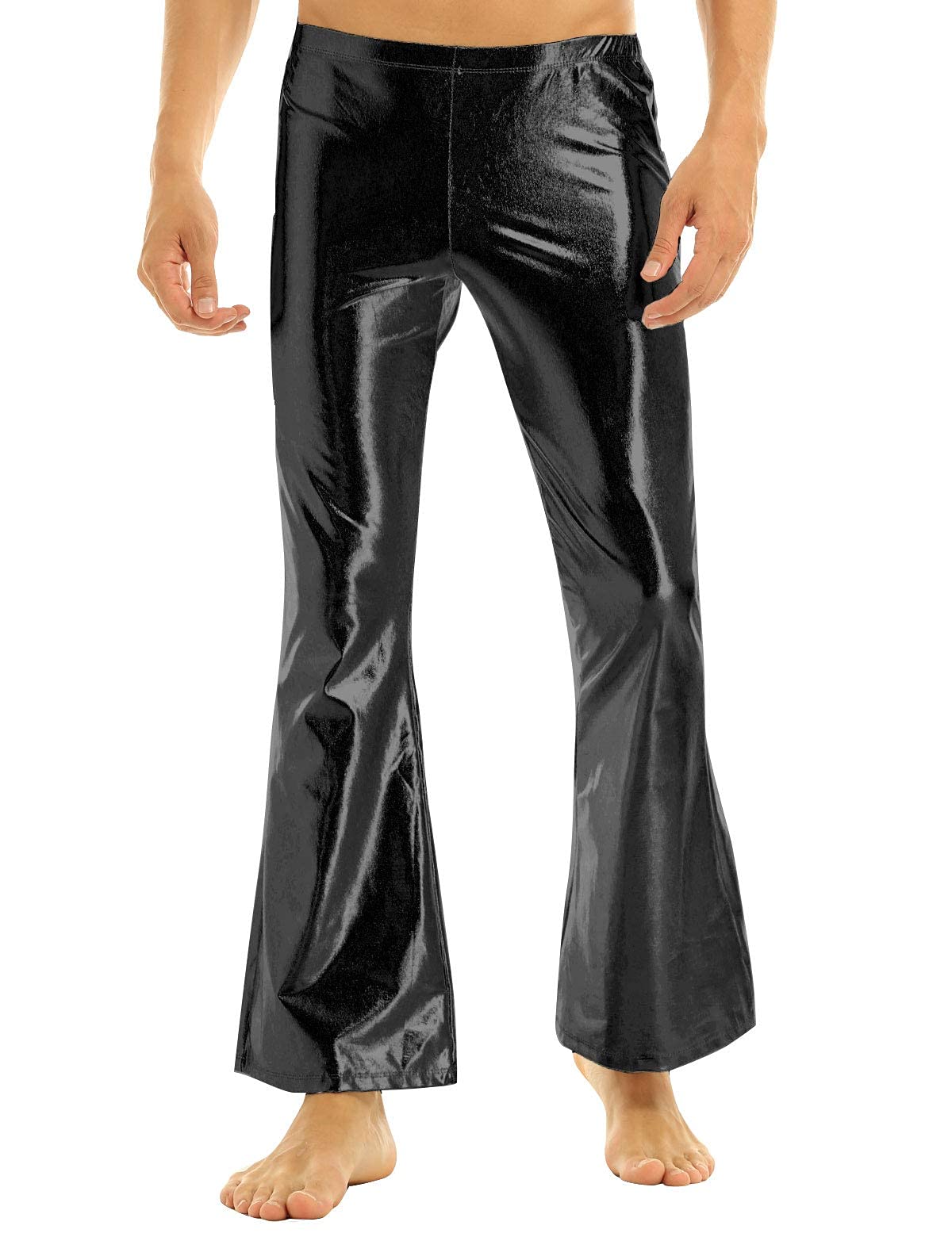 Hedmy Men's Shiny Faux Leather Disco Trousers Bell Bottoms Flared Long Pants Motorcycle Leggings Black Large
