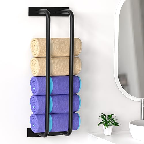 KITHOLD Adhesive Towel Racks for Bathroom, Wall Mounted Bathroom Towel Storage, Stainless Steel Bath Rolled Towels Holder Towel Organizer Shelf for Folded Large Towel Beach Shower Towel - Black