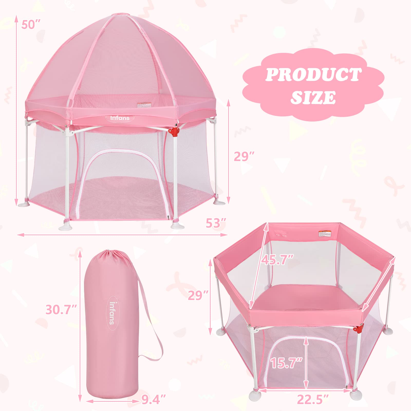 INFANS Baby Playpen with Removable Mesh & UV Canopy, 53" Portable Playhouse with Carry Bag, Dome, Padded Floor, Easy Folding Playard Activity Center (Light Pink)