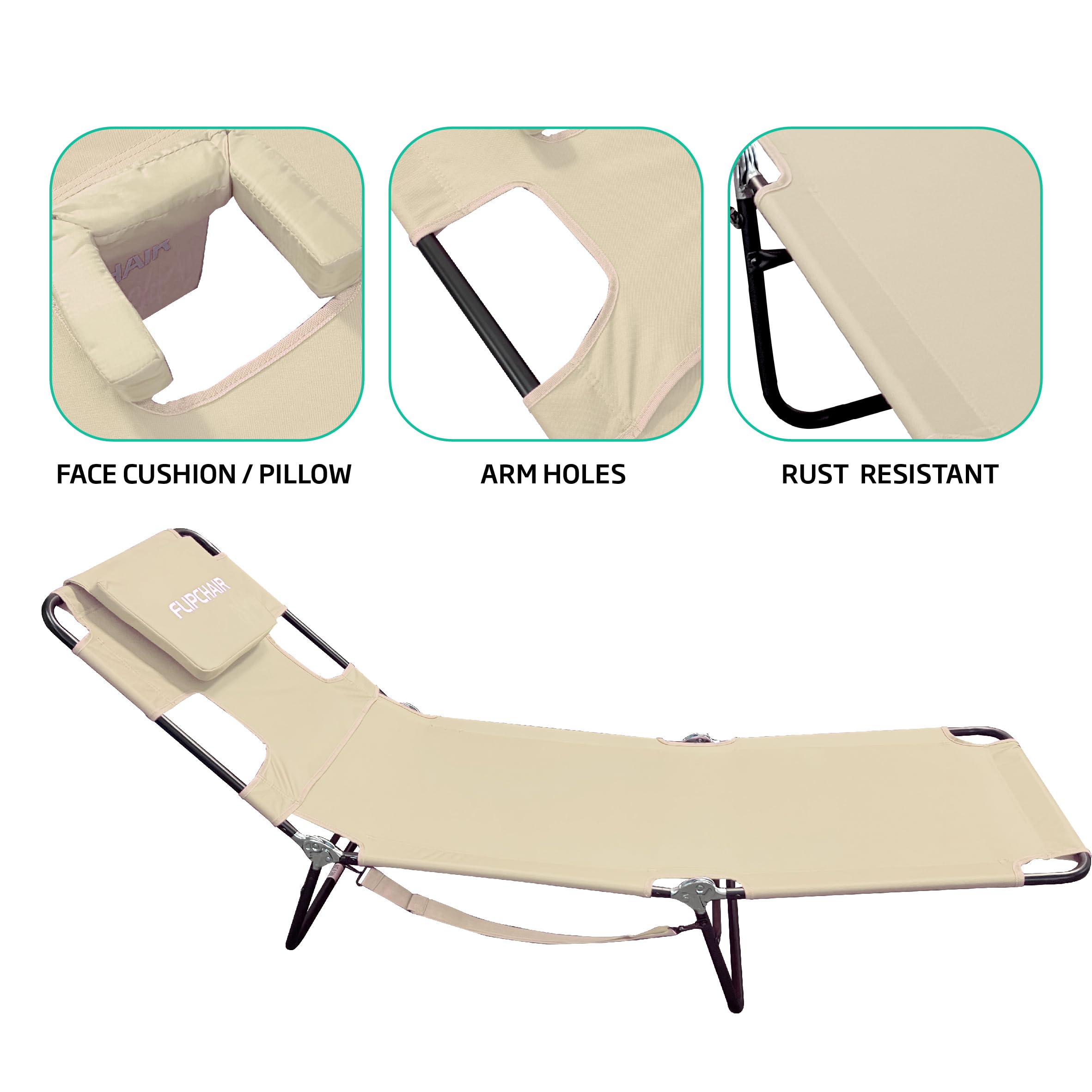 Face Down Tanning Chaise Lounge Chair - Face & Arm Holes - 2 Legs Support - Polyester Material – Backrest Positions - Head Rest Pillow - Beach or Home Use - Read and Tan - Tan Stripes Pattern