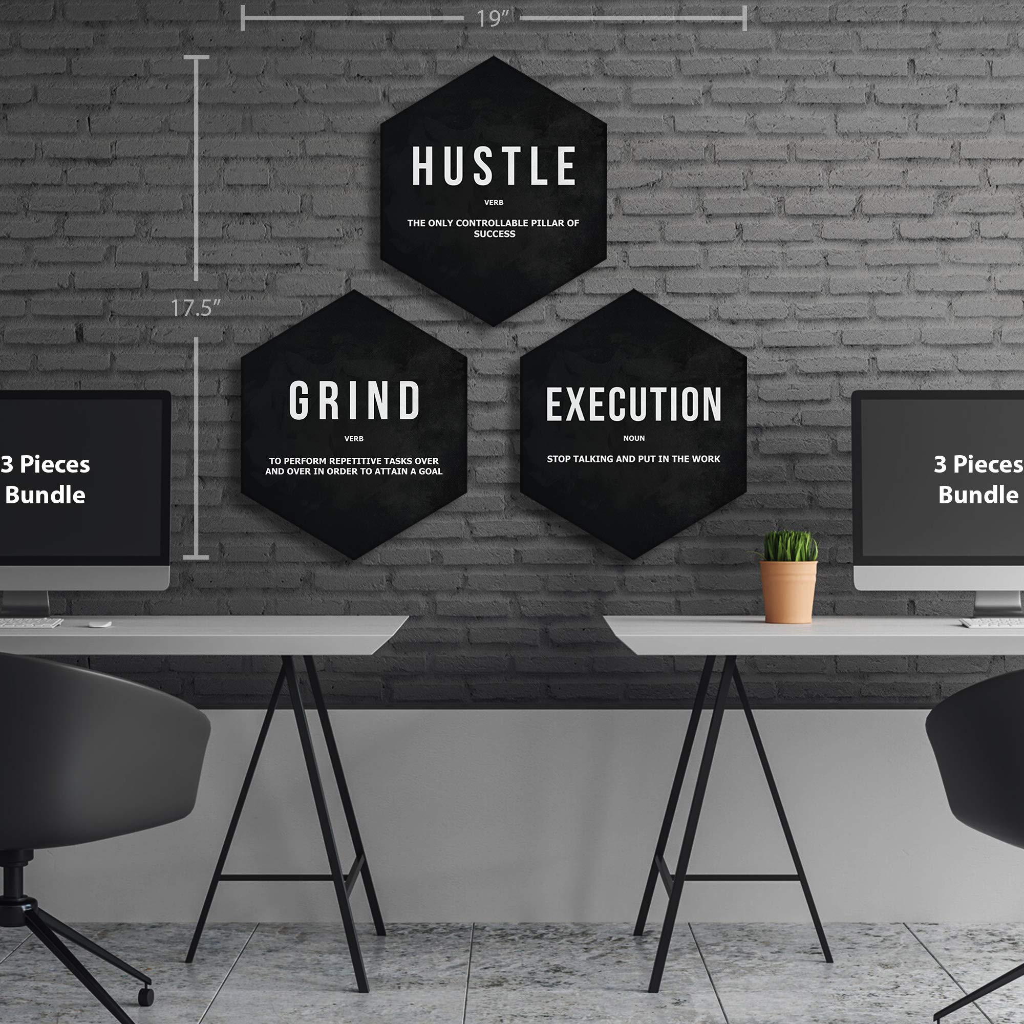 Hexagon Canvas Prints Bundle Office Decor Motivational Modern Wall Art Hustle Success Hexagonal Definition Set Of 3x, 5x, 7x, 9x, 11x Pieces (11 Pieces Bundle)