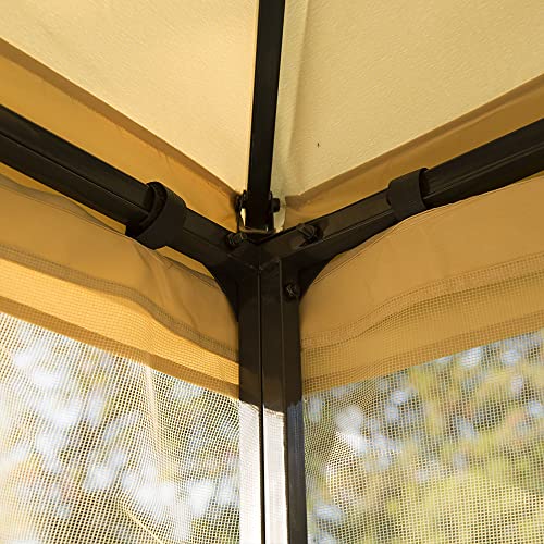 Outsunny 10' x 10' Metal Patio Gazebo, Double Roof Outdoor Gazebo Canopy Shelter with Tree Motifs Corner Frame and Netting, for Garden, Lawn, Backyard, and Deck, Beige