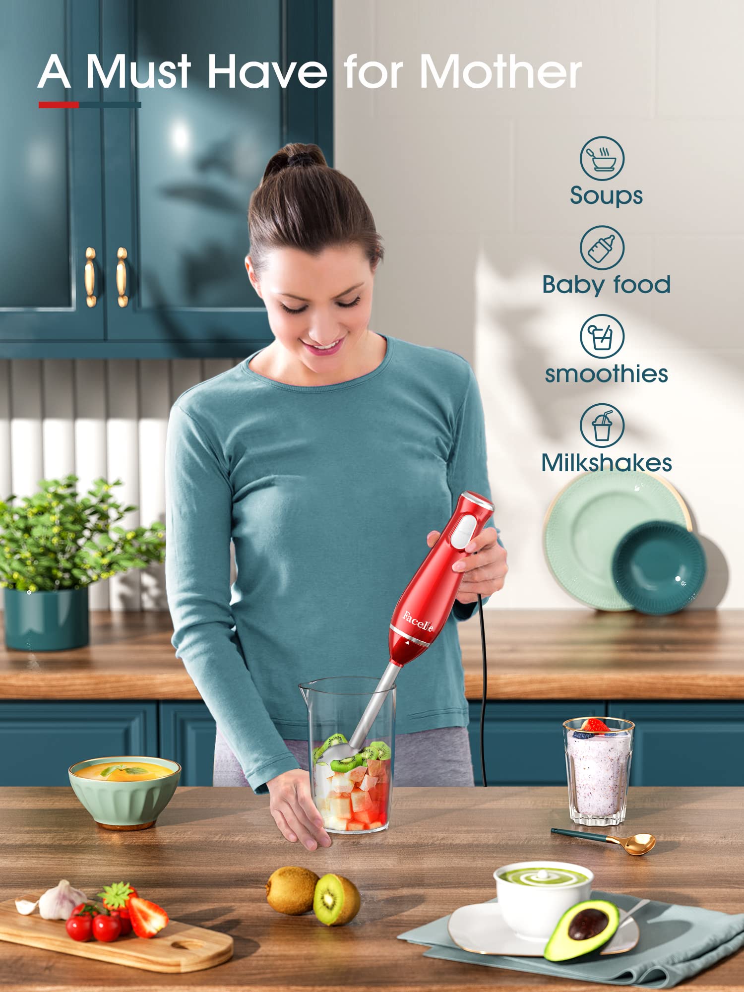 Facelle Hand Blender 1000W, 4-In-1 Immersion Electric Handheld Blender, Stick Blender Set with Chopper, Beaker, Whisk for Smoothie, Baby Food, Sauces Red, Puree, Soup