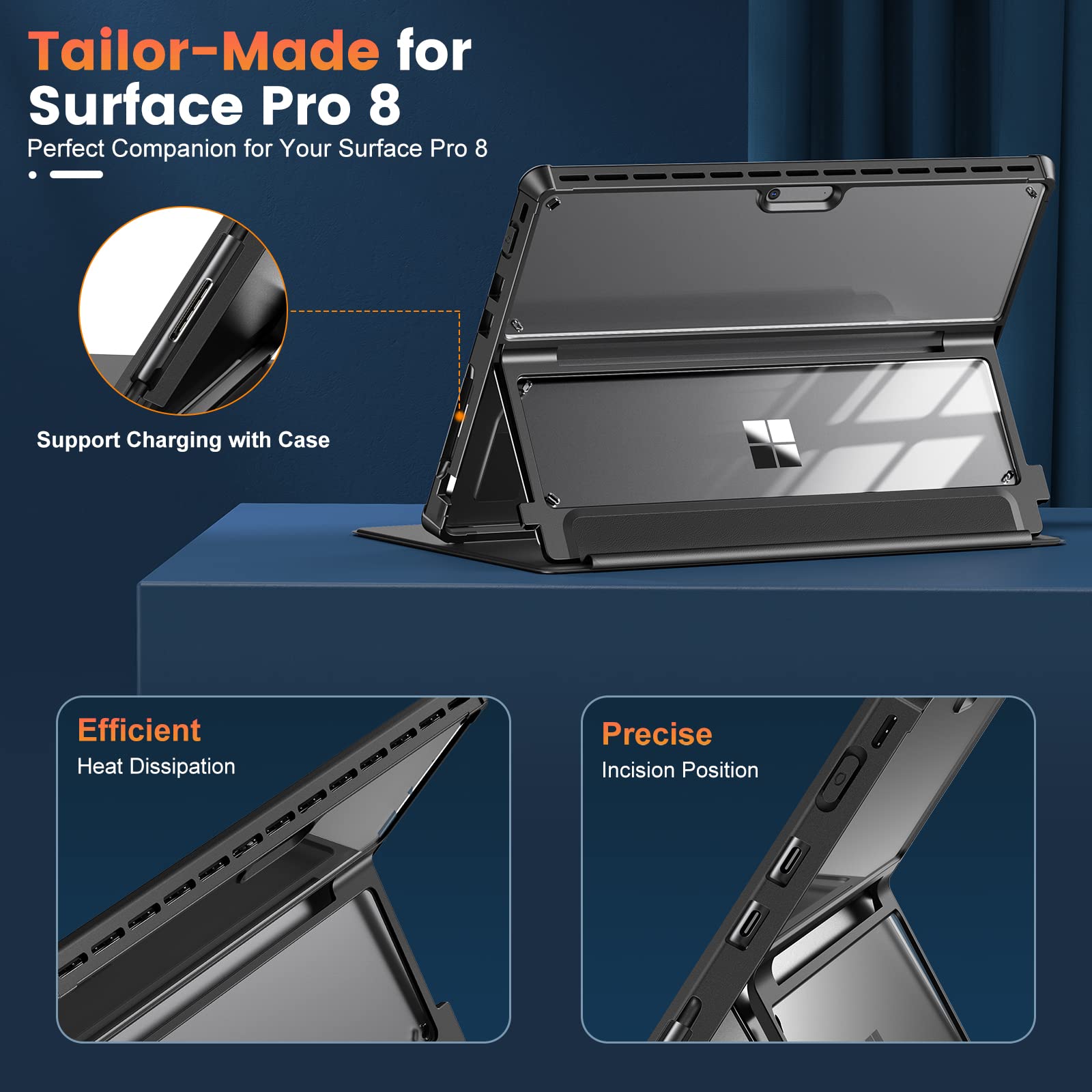 INFILAND Microsoft Surface Pro 8 Case and Cover, [Military-Grade Drop Protection] [High Clearity Case + Leather Cover] Designed for Surface Pro 8 13" 2021 Tablet, Work with Type Cover Keyboard, Black