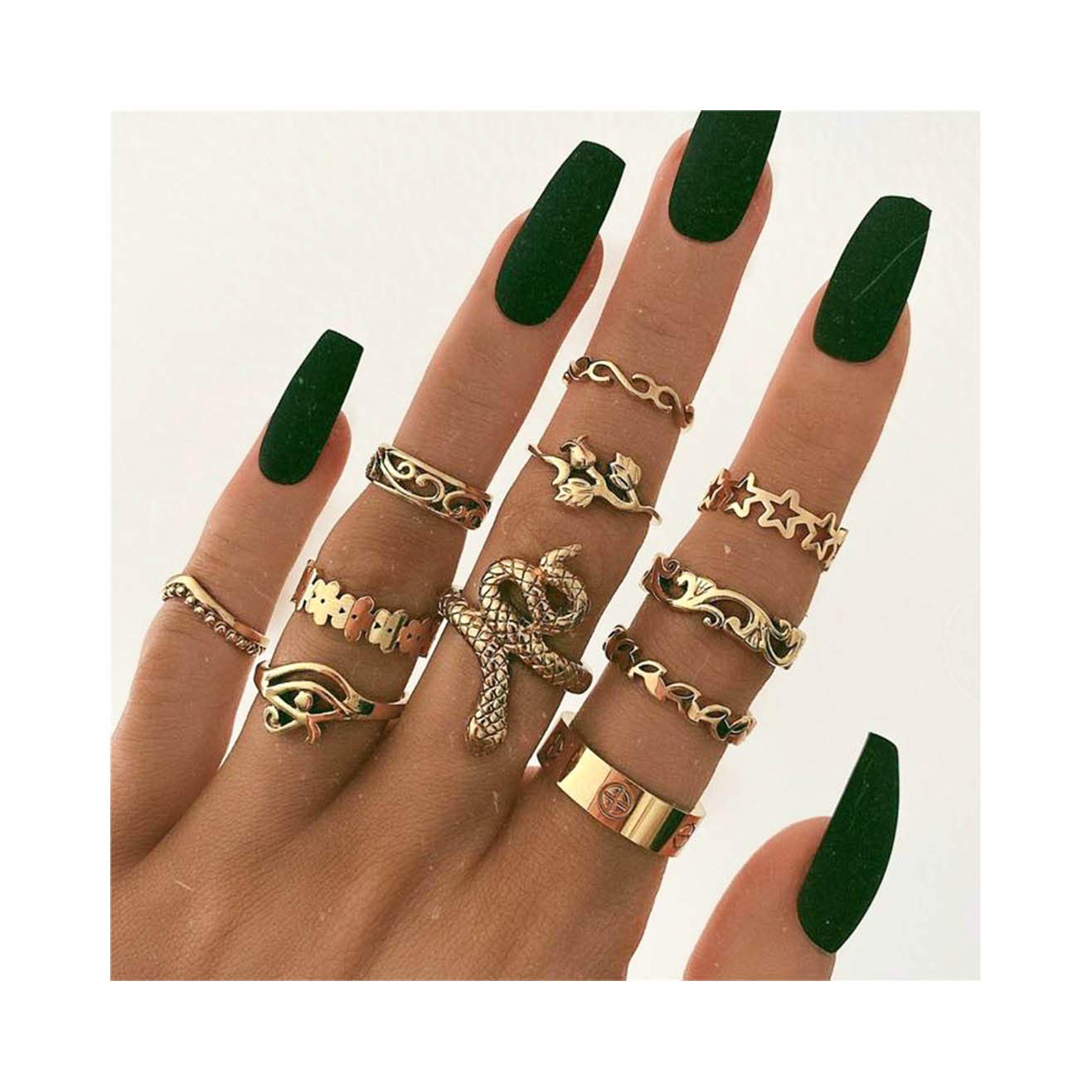Fstrend Boho Rings Set Gold Snake Rose Joint Knuckle Finger Rings Sets Vintage Star Stackable Midi Ring Jewelry for Women and Girls(11 Pcs)