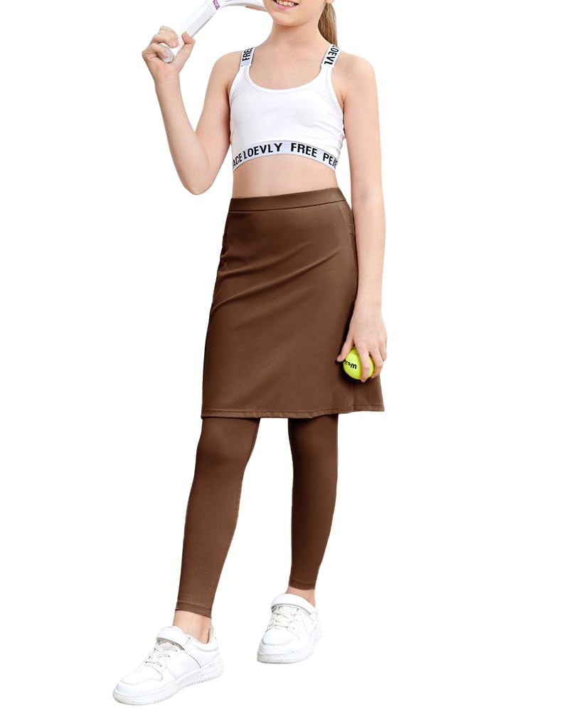 Gyiefcg Girls' Athletic Tennis Golf Skirt with Legging Workout Skirted Leggings Active Dance Skort with Pockets Khaki