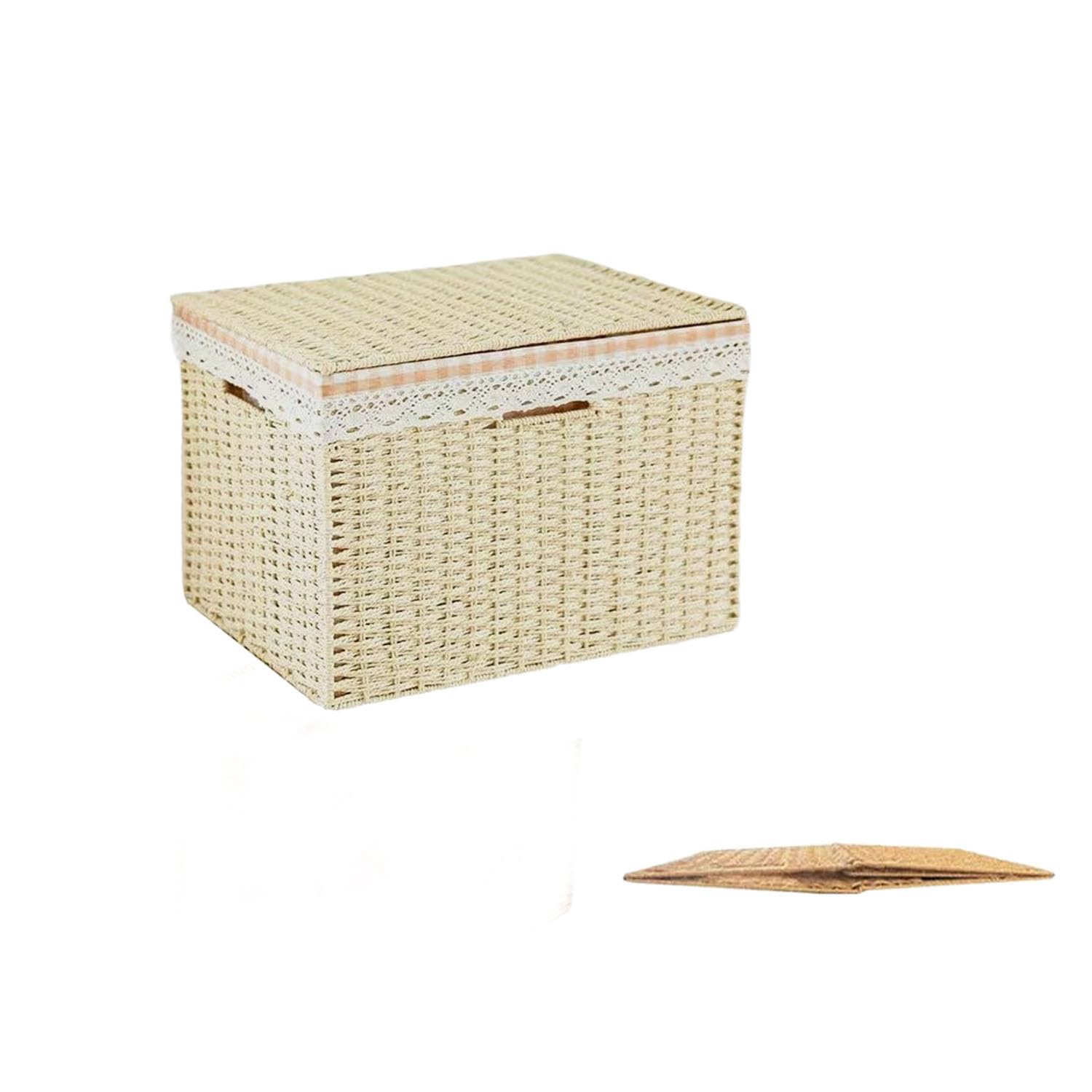 Rattanzenith Foldable Basket with Lid Large Storage Bin with Handle & Liner Paper Rope Woven Basket for organizing Clothes Toy Blanket Shelf Basket for Closet Organizers and Storage (Beige, Large)