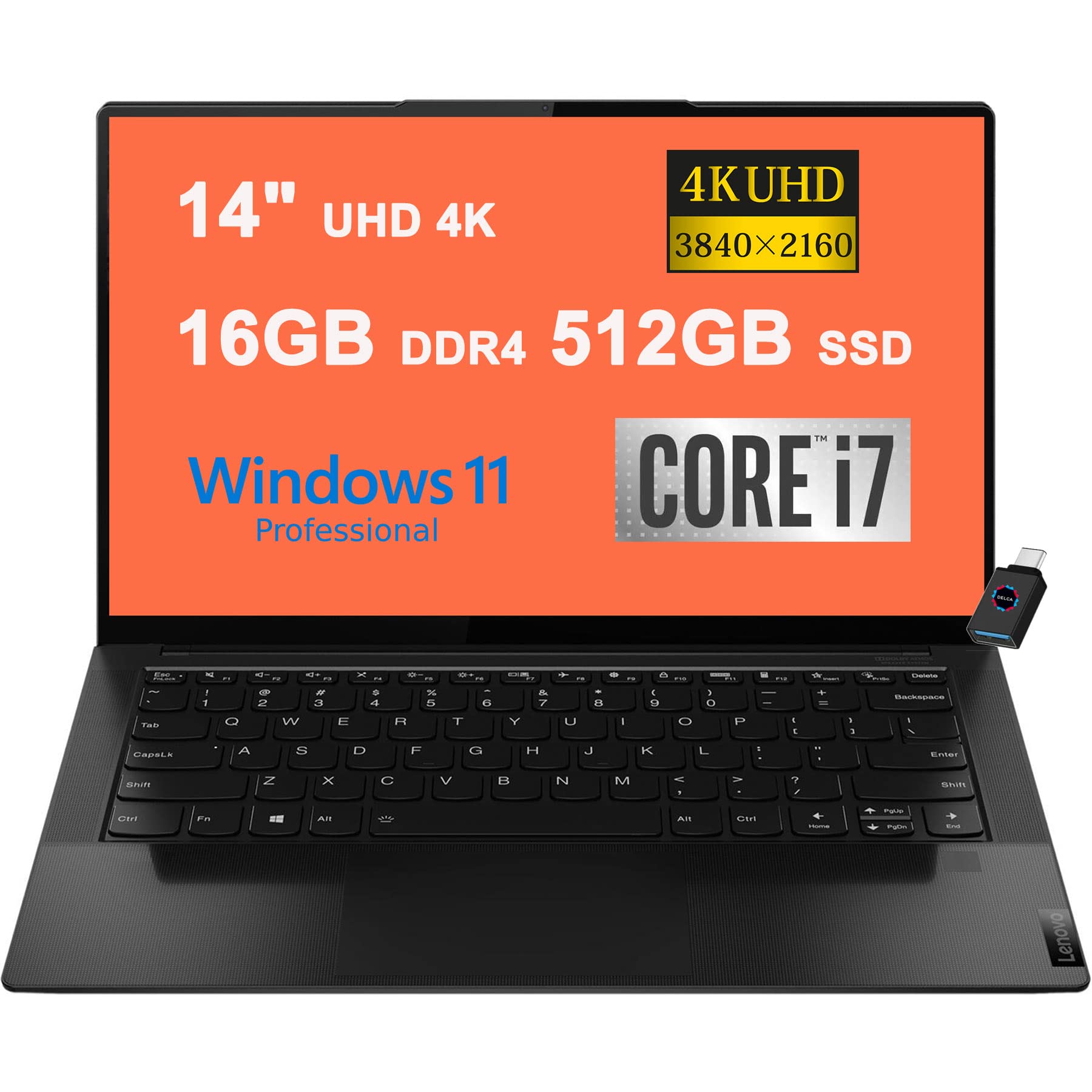 Lenovo IdeaPad Slim 9i 14 Business Laptop | 14" UHD 4K Multi-Touch (500nits) | 11th Gen Intel 4-core i7-1195G7 | 16GB DDR4 512GB SSD | Fingerprint Backlit Thunderbolt Win11Pro Black + USB-C Adapter
