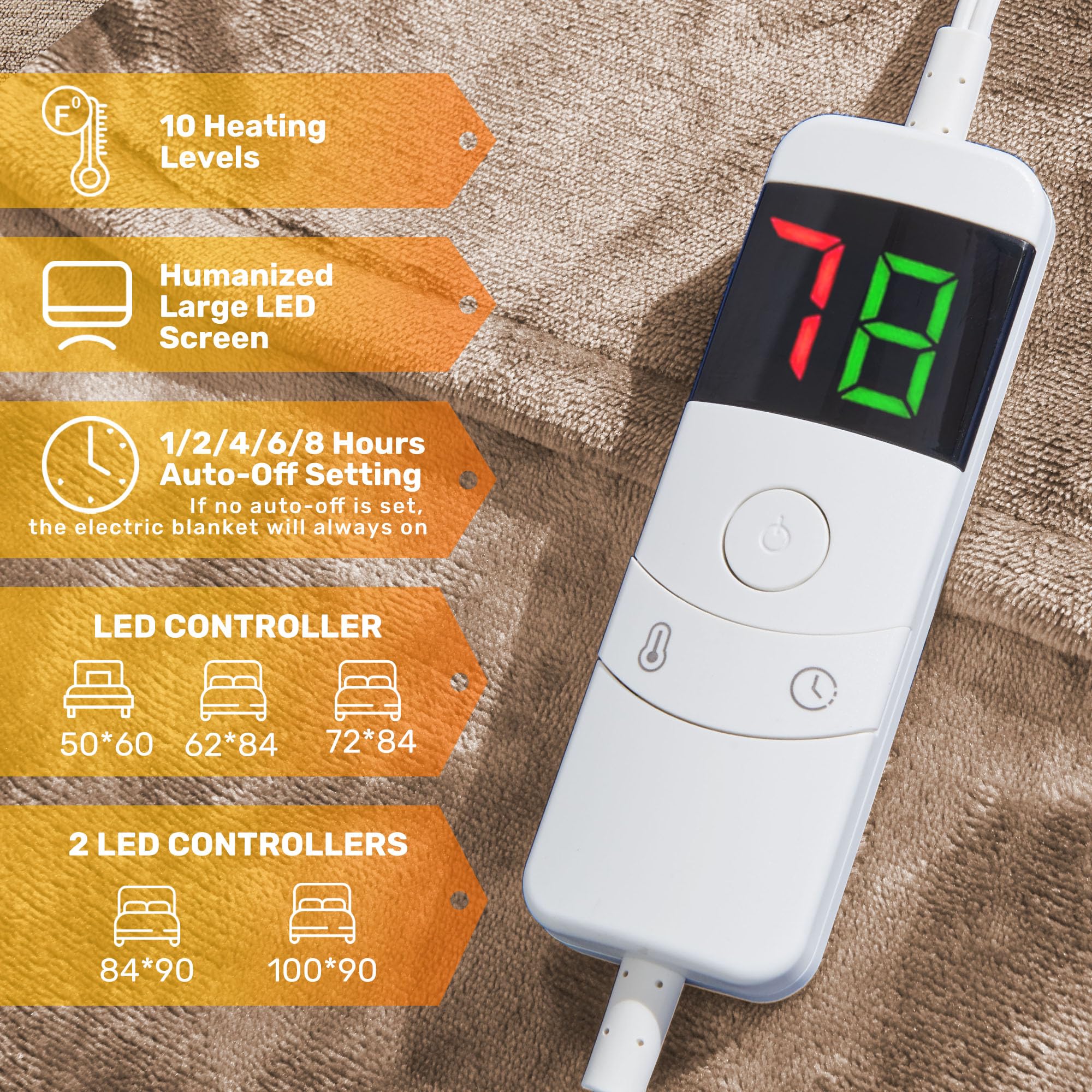 Flannel Electric Blanket King Size with Double 10 Heating Setting Controllers Fast Heating Heated Blanket Throw for Bed Couch, 1/2/4/6/8H Selectable Auto Shut Off Settings, 100"x90", Grey