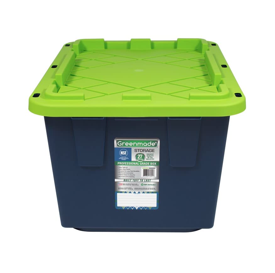 GREENMADE Extra Strong 27 Gallon Plastic Storage Bin, Multi Color, 4 Pack. Heavy Duty Built With Snap Fit Lid. Factory Direct (Navy & Green)
