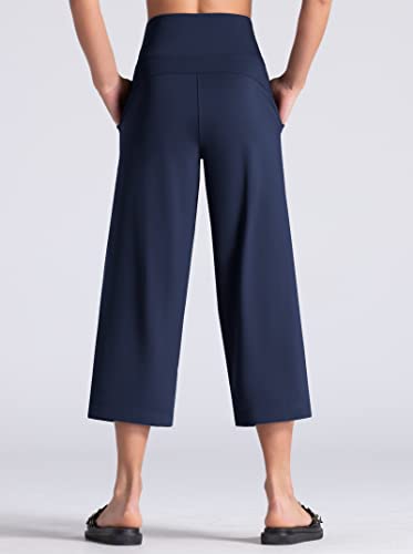 THE GYM PEOPLE Bootleg Yoga Capris Pants for Women Tummy Control High Waist Workout Flare Crop Pants with Pockets (Navy Blue, X-Large)