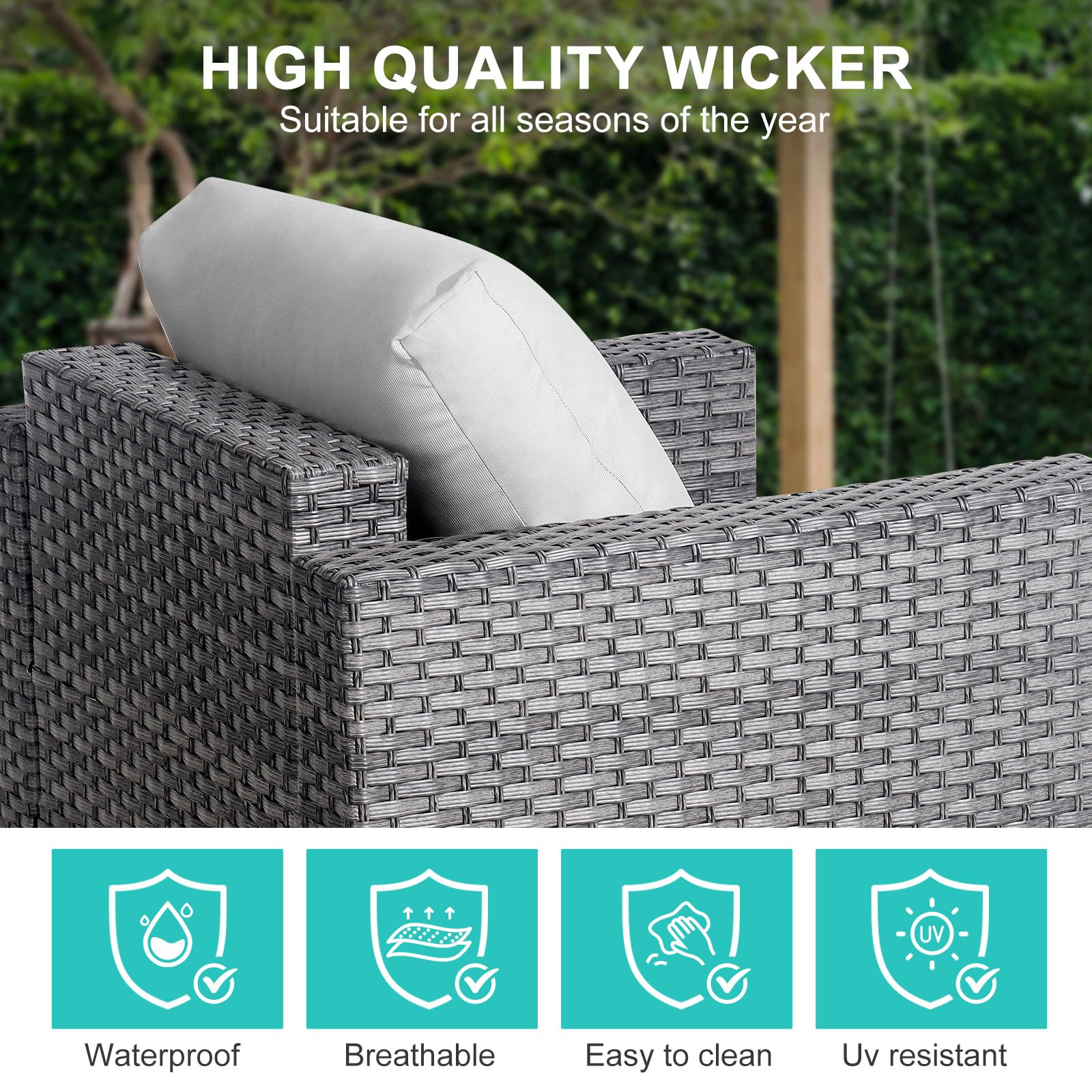 Outdoor Wicker Patio Couch, Large Deep 3 Seats Gray Rattan Sofa for Porch Deck Yard Backyard, Gray Cushions