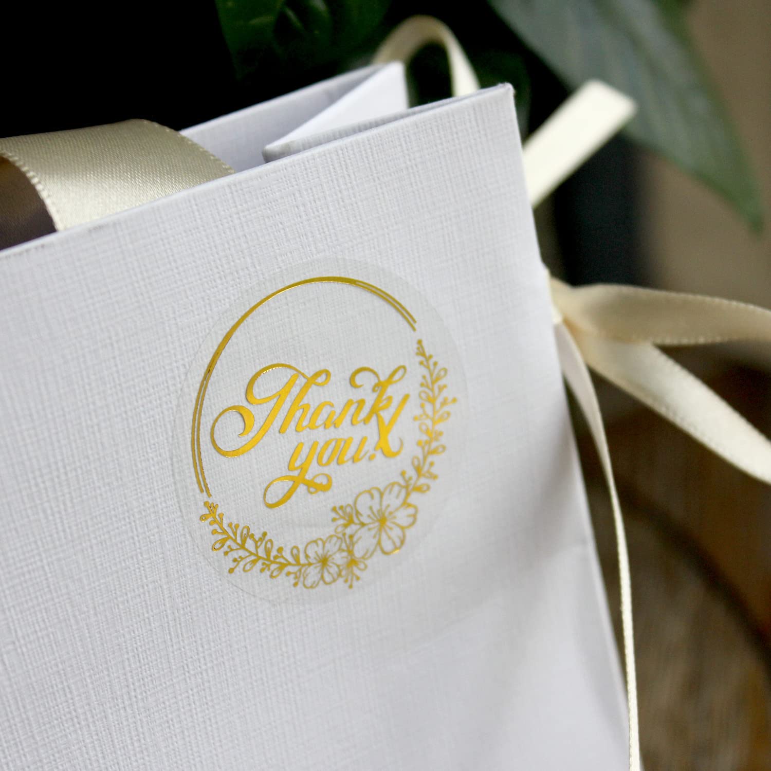Gold Foil Thank You Stickers Roll for Small Business 500 Pcs Round Clear Wedding Stickers 2 Designs Glitter Flowers Seal Stickers Labels 1.5 Inch