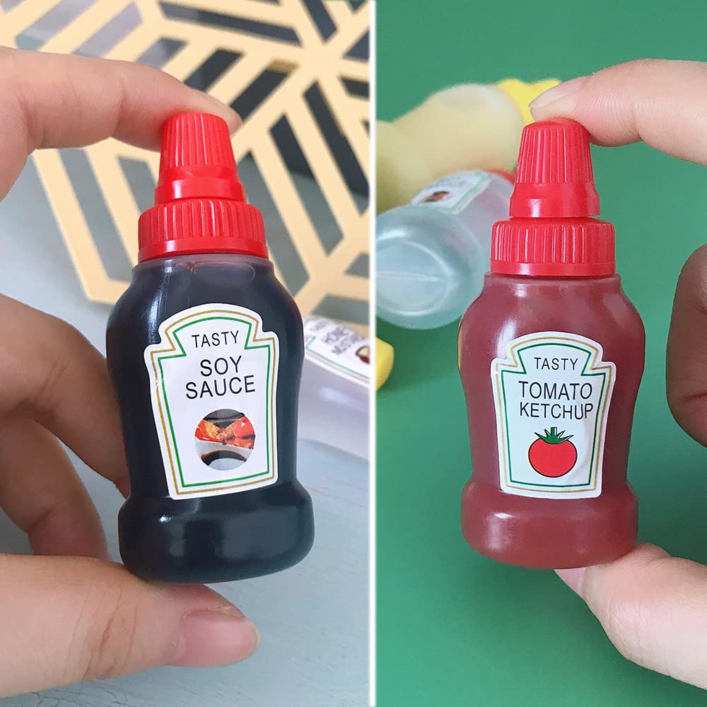 ZAYOIZY 4pcs Mini Condiment Squeeze Bottles 25ml Honey/Ketchup/Soy Sauce/Salad Dressing Dispensers Squeezable Jars Containers Plastic Portable Lunchbox with Sturdy Screw Cap