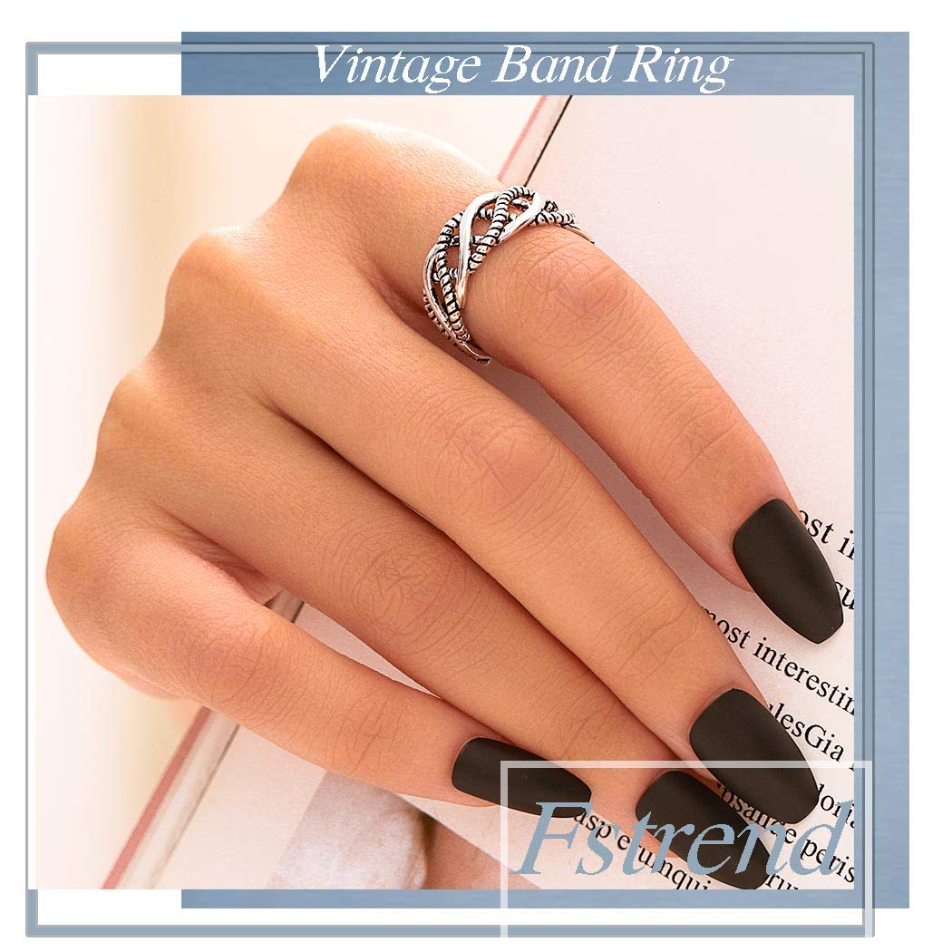 Fstrend Vintage Band Ring Silver Wrap Cross Women's Statement Ring Retro Wave Stainless Steel Adjustable Open Rings Jewelry for Women and Girls