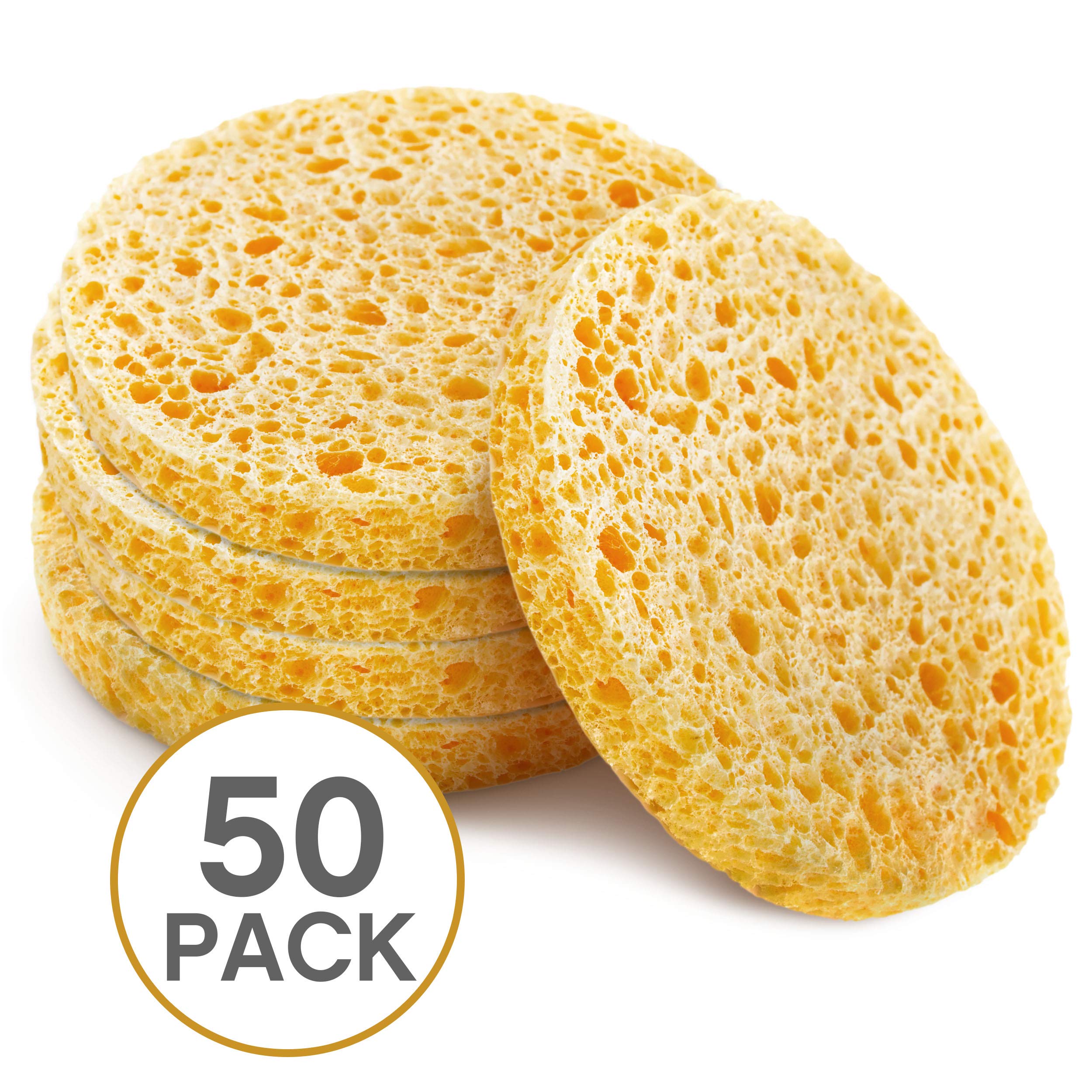 Facial Sponges 100% Natural Compressed Cellulose (50 Count Pack) | Eco-Friendly & Reusable | Makeup Remover Pads/Sponge | Exfoliating Facial Wash/Scrub & Skin Cleanser