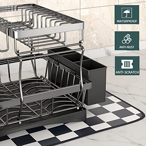 SUPPNEED Dish Drying Rack with Drainboard, 2-Tier Dish Racks for Kitchen Counter, Dish Strainers with Extra Drying Mat , Utensil Holder , Cutting Board Holder ,Wine Glass Holder, Black