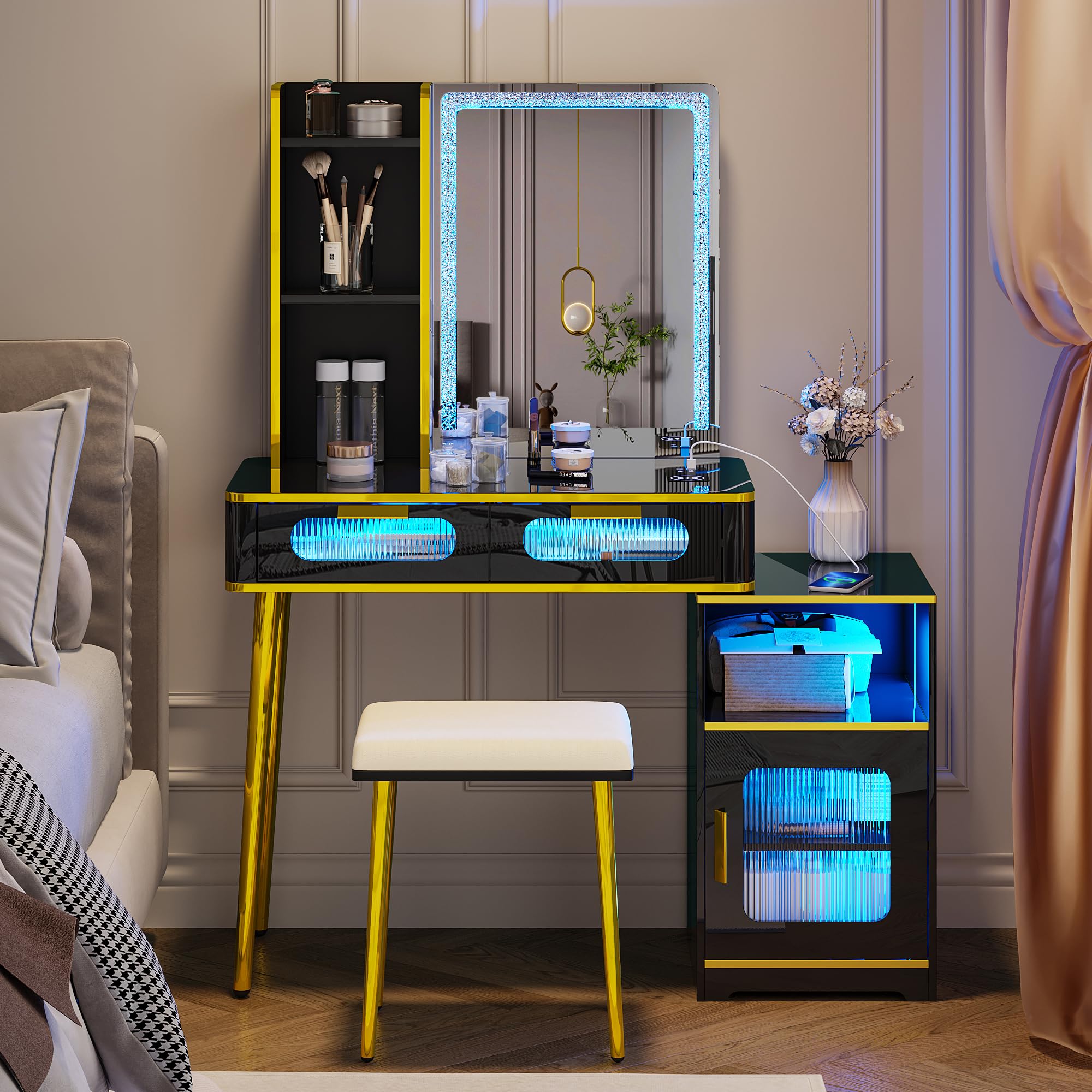 SKKTKT LED Vanity Desk, Retractable Makeup Vanity with Nightstand and Lighted Mirror, Black Makeup Vanity with Voice Control & Charging Station, Dressing Table Set with Jewelry Organizer