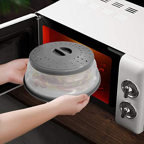 OUZIFISH Microwave Plate Cover 10.5 inch Collapsible Food Plate Lid Cover - BPA Free, Easy Grip, Microwave Plate Guard Lid With Steam Vent & Colander Strainer for Fruit (Grey)