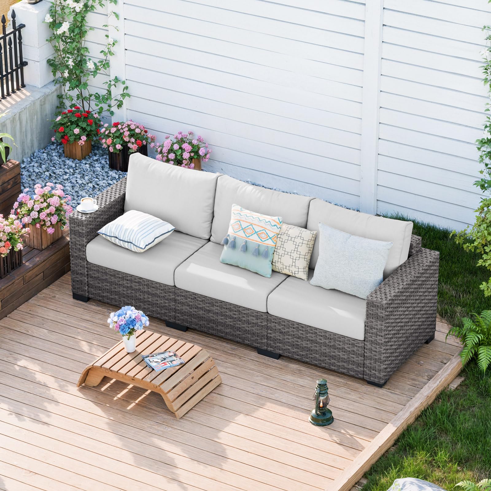 Outdoor Wicker Patio Couch, Large Deep 3 Seats Gray Rattan Sofa for Porch Deck Yard Backyard, Gray Cushions