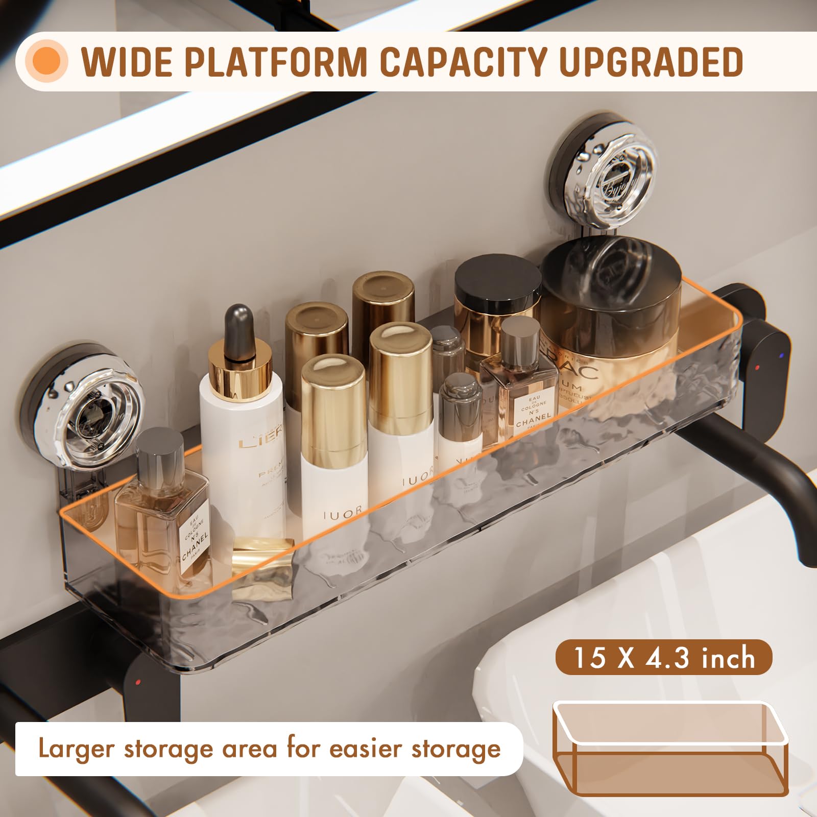 MEIGESI Acrylic Clear Suction Cup Shower Caddy, Detachable Wall-Mounted Storage Rack, No-Drill Shower Organizer, Removable Storage Rack for Bathroom/Kitchen/Bedroom, Gray Silver, 2 Pack