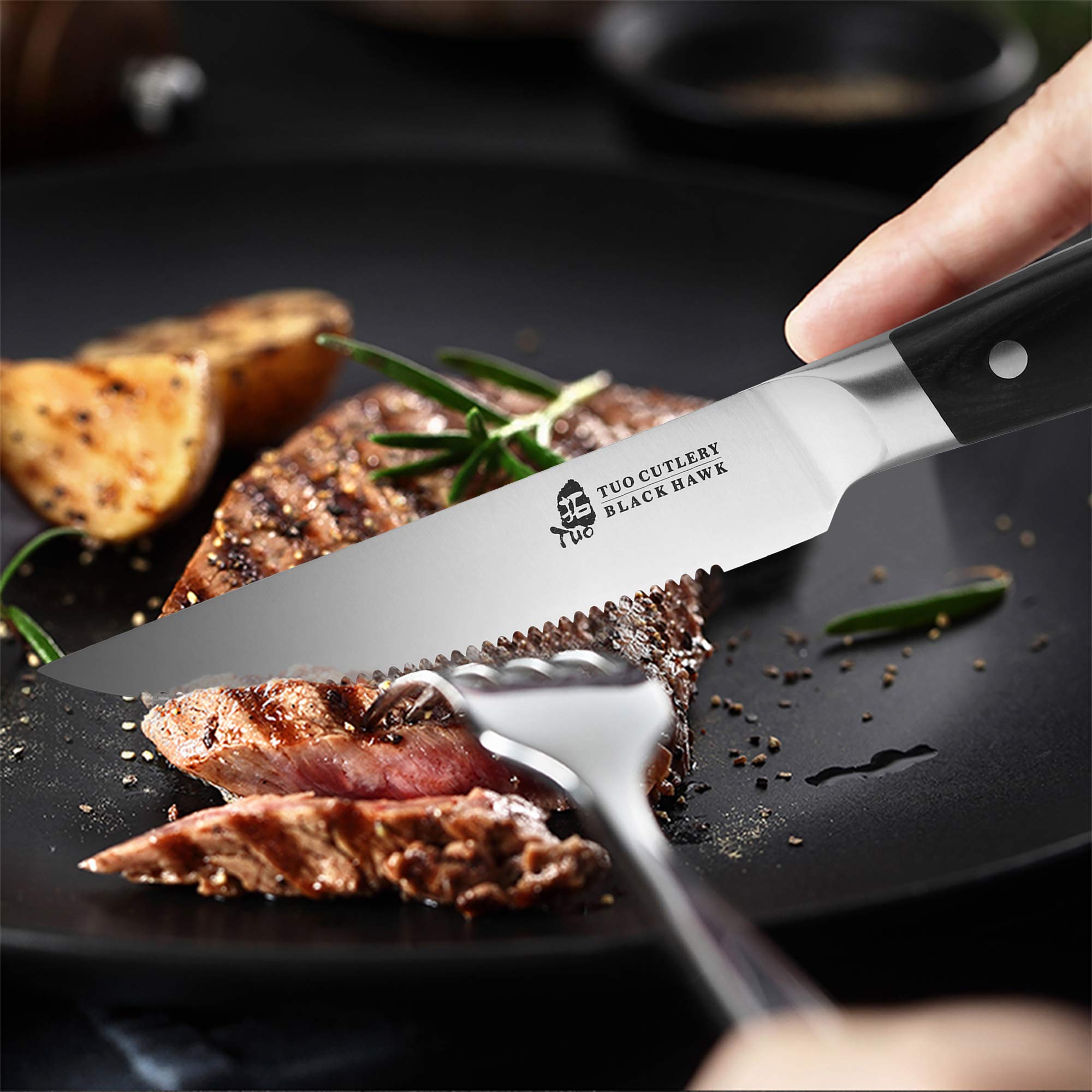 TUO Serrated Steak Knife - 5 inch Professional Kitchen Steak Knife Set 4 - Table Dinner Knife - German HC Stainless Steel Non Slip Pakkawood Handle - BLACK HAWK SERIES Including Gift Box