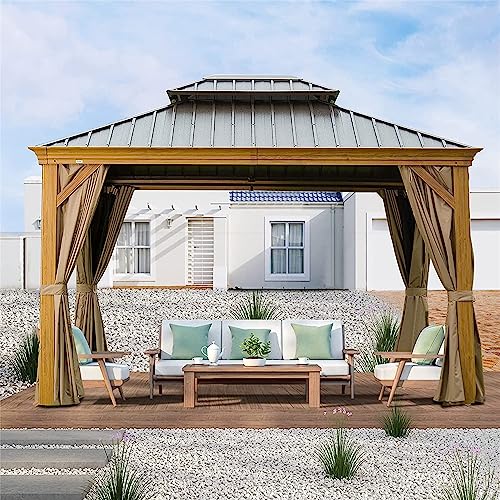 Evedy 10x12FT Hardtop Gazebo,Outdoor Permanent Metal Pavilion,Wooden Coated Aluminum Frame Canopy with Galvanized Steel Double Roof,Gazebo with Curtains and Netting for Patio, Deck and Lawn