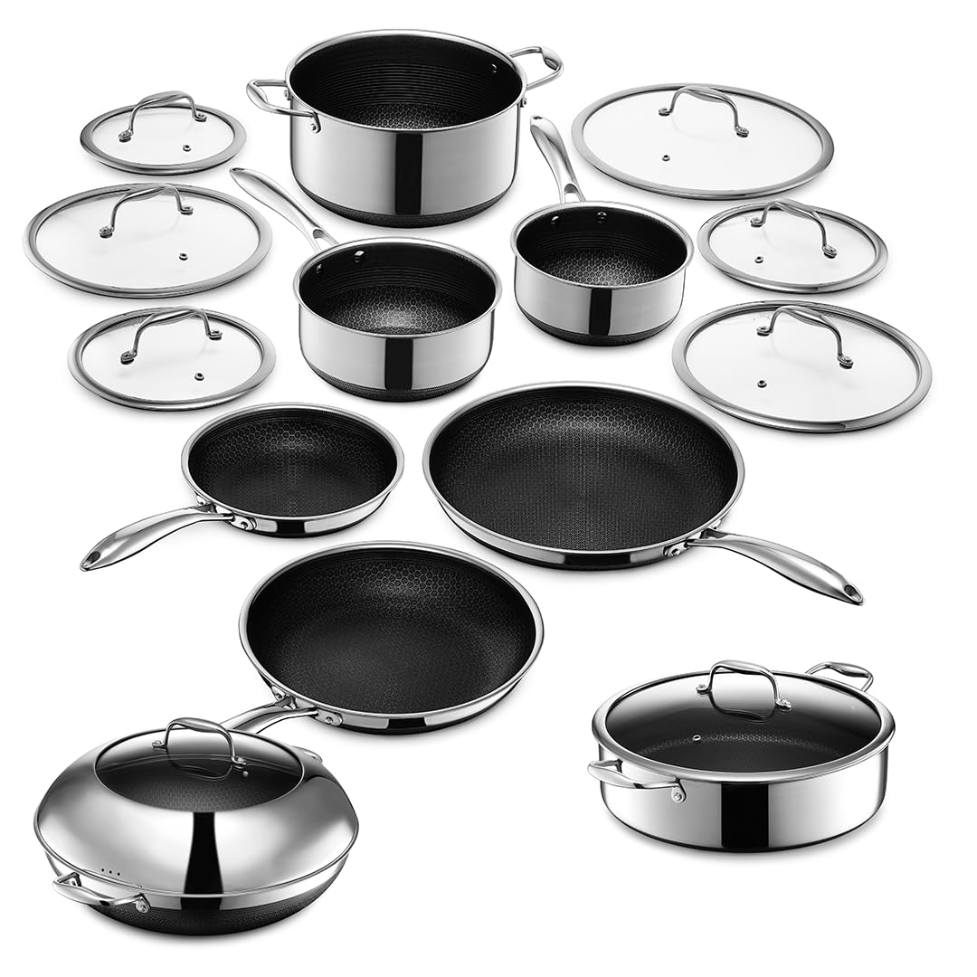HexClad 16 Piece Hybrid Stainless Steel Cookware Set - 6 Piece Pan , 6 Piece Pot , 7 Quart Deep Fryer and 14 Inch Wok, Stay Cool Handles, Induction Ready, Non-Stick