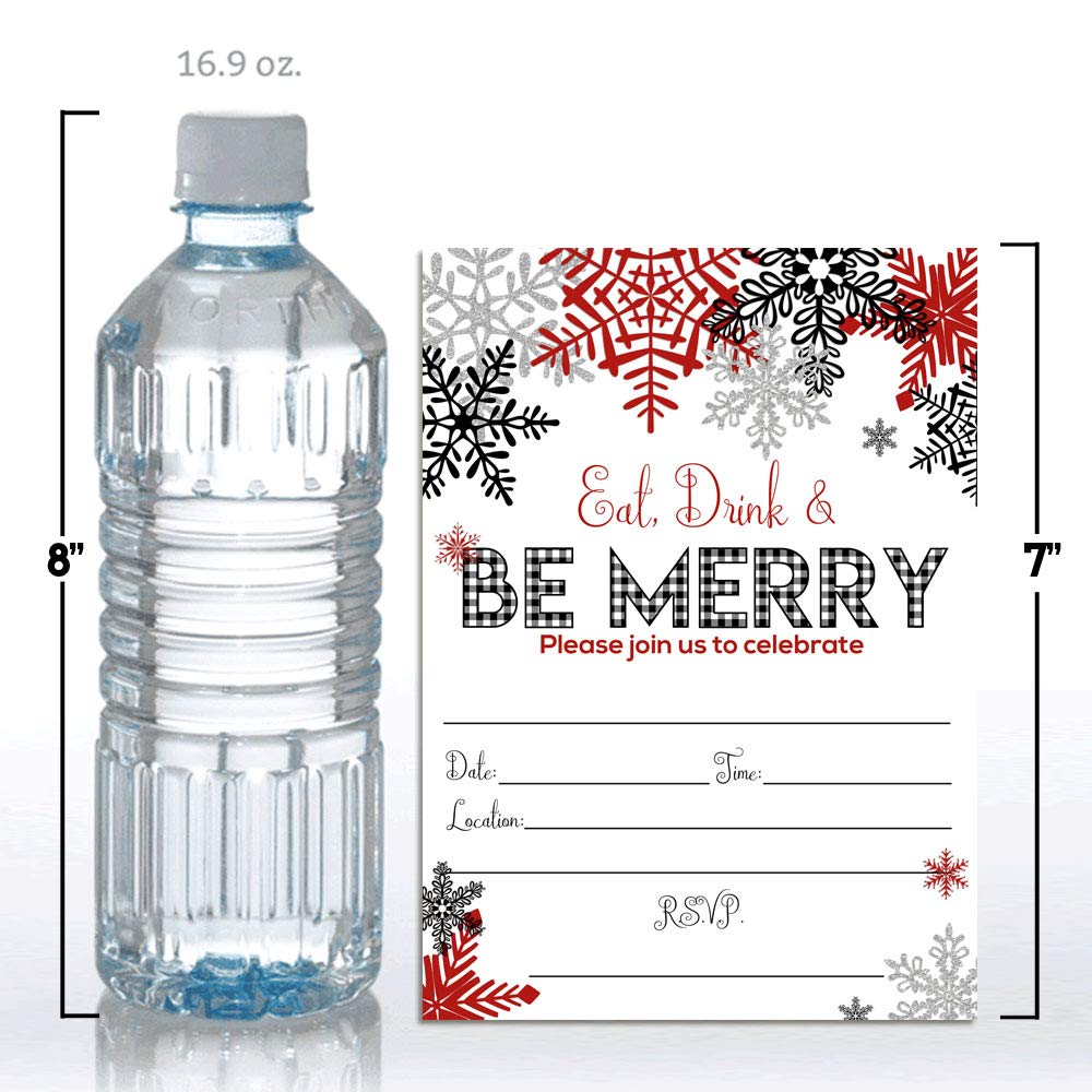 Eat Drink & Be Merry Snowflake Christmas Holiday Party Invitations, 20 5"x7" Fill In Cards with Twenty White Envelopes by AmandaCreation