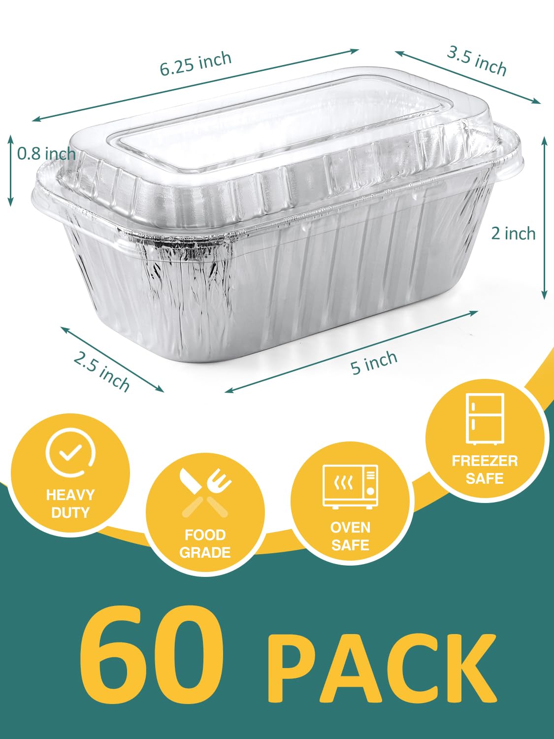 NEEBAKE 60 Pack 6x3.5x2 Disposable Aluminum Loaf Pans with Lids Small-Aluminum-Foil-Pans-Tin-Foil-Baking-Pans-Tin-Trays-Food-Containers-for-Baking-Cakes-Bread-Meat-Loaves