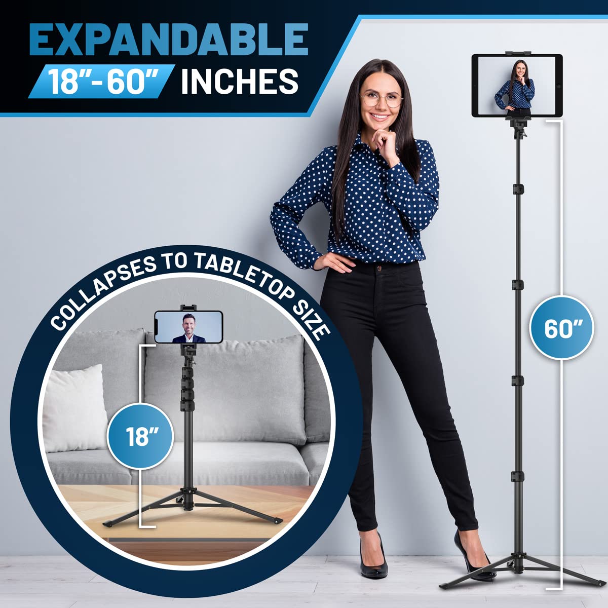 Texlar 60" Phone Tripod Stand for iPhone and iPad - Includes Wireless Remote, Cell Phone and Tablet Holders - for Camera Video Recording, Travel - T60 Pro Selfie Stick Tripod