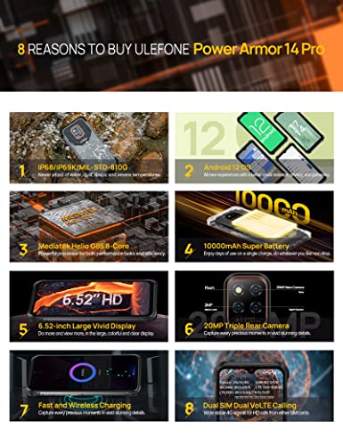 Ulefone Armor 14 Pro 10000mAh Rugged Smartphone, Android 12, 6GB+128GB, Helio G85 Octa-core Waterproof Rugged Phone, 6.52β HD+, 20MP AI Camera, Fast Charging Unlocked Cell Phones, Dual Sim 4G