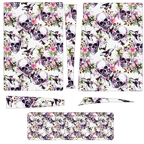 Human Skulls with Flowers and Butterflies Full Protective Skin Cover Design Wrap Decal Sticker Compatible with PS5 Disk Version Console and Controller