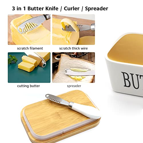 Lovelyduo Large Butter Dish with Lid for Countertop Ceramics Butter Keeper Container with Knife High-quality Double Silicone for Kitchen, Farmhouse, Fridge, Gift Rectangle White