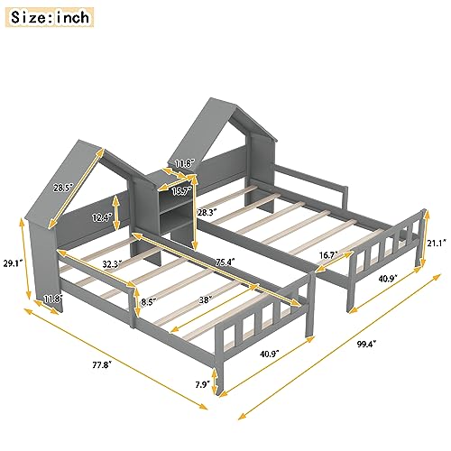 Twin Size Double Shared Platform Bed 2-In-1 Panel Bed w/House Shape Headboard & Footboard for Teen,Rustic Country Wooden Bedframe Mattress Foundation w/Built-in Nightstand & Slats for Boy Girl (Grey)