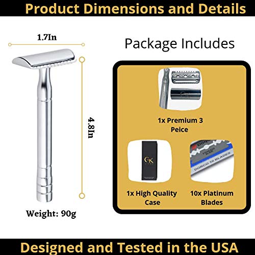GK Picks – Premium Long Handle 3 Piece Safety Razor Double Edge Traditional Razor Kit includes 10 High Quality Blades