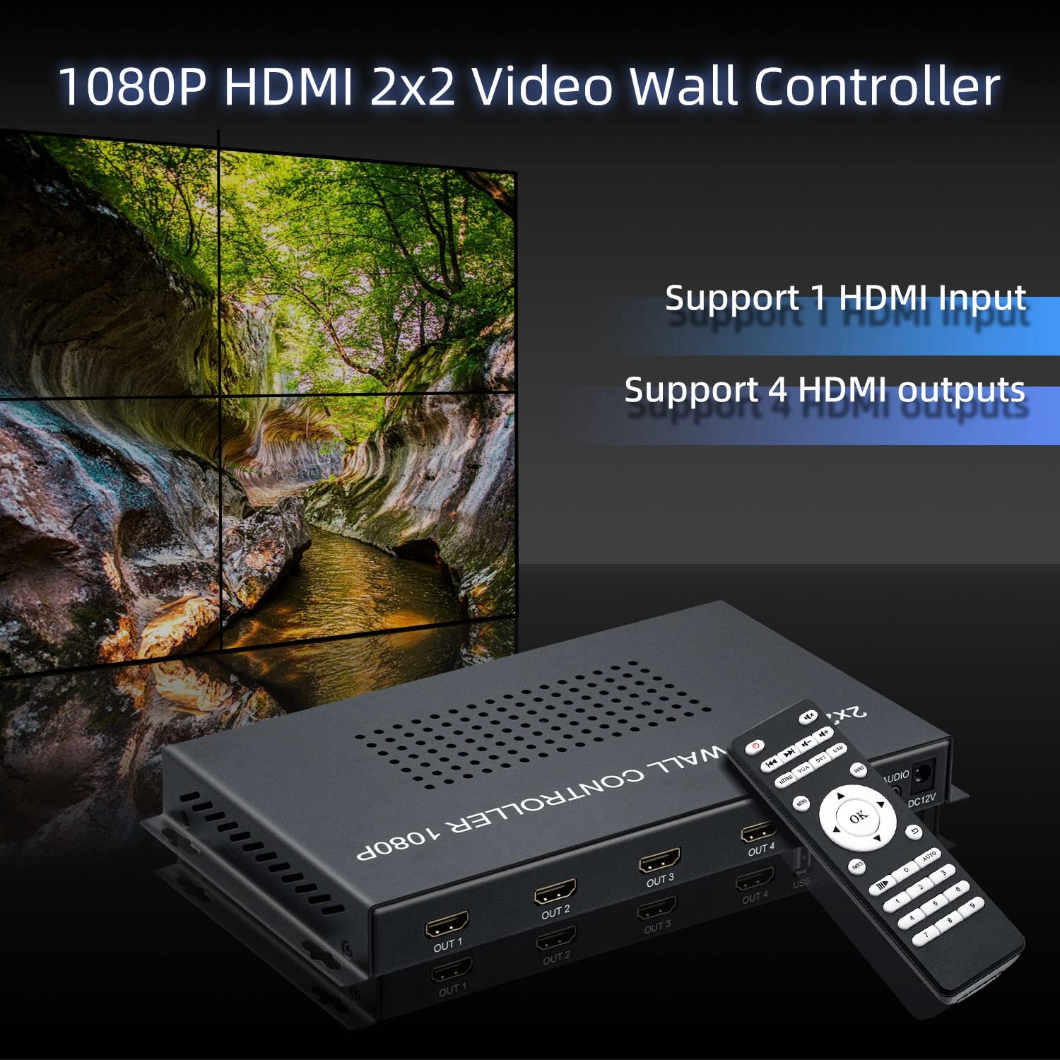 Mcbazel HDMI Video Wall Controller 2x2, HDMI Video Image Processor 1080P@60HZ Screen Splicing Support 8 Display Modes - 4x1, 3x1, 2x1, 2x2, 1x4, 1x3, 1x2, 1x1