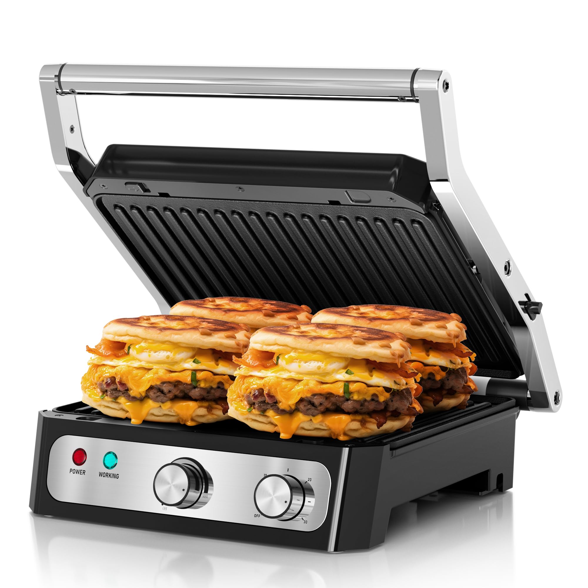 Panini Press Sandwich Maker - CACHOO Electric Indoor Grill with Temperature & Timer Control, 4-Slice Breakfast Sandwich Maker for Quesadillas, Burgers, Removable Plates with 180° Opening