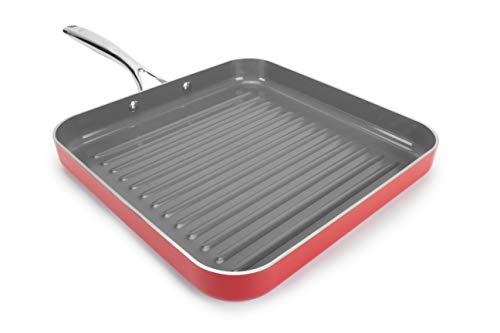 EaZy MealZ Square Non-Stick Grill Pan for Stove, Light weight, Perfect Grill Marks, Oven Safe up to 500 Degrees, Extra Large, 12" Red