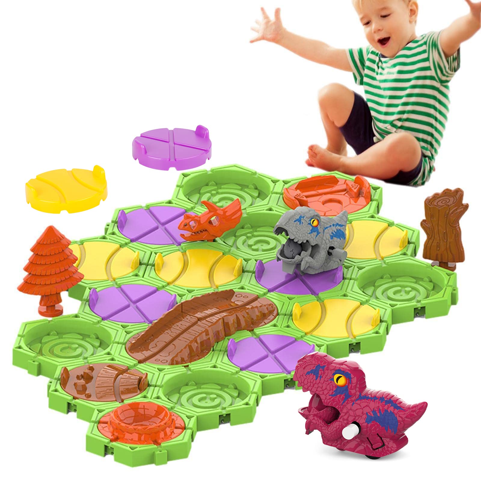 Logical Road Builder Blocks Puzzle Play, STEM Board Games with Wind-up Dinosaur, Brain Teaser Puzzles Toy for Kids Ages 3-8 Years, Learning & Education Idea Gift