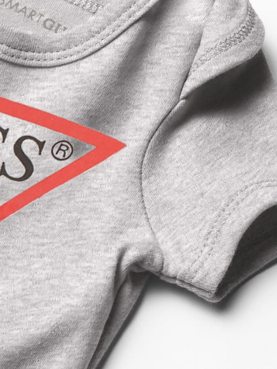 GUESS Unisex Organic cotton jersey screen print logo short sleeve bodysuit, Light Stone Heather, 6/9M